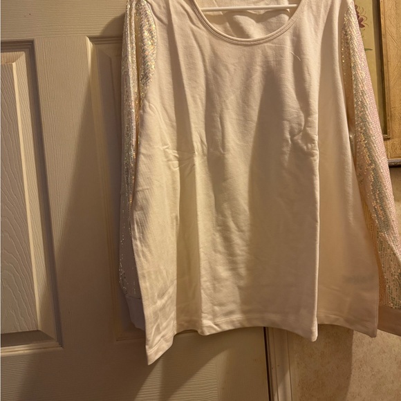 Avon | Tops | Cream Long Sleeve Top With Sequin Sleeves | Poshmark